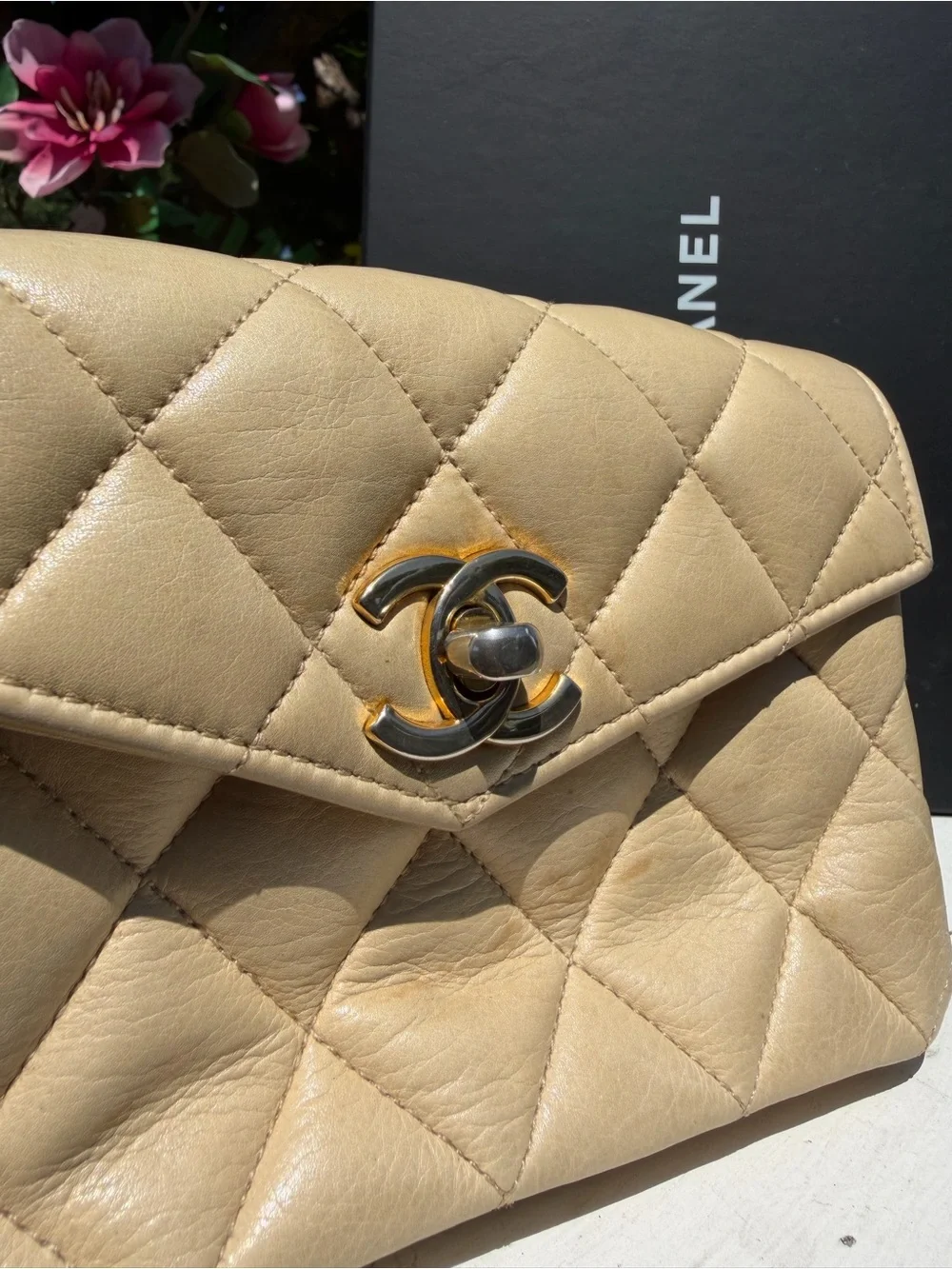 CHANEL | Bags | Chanel Beige Quilted Lambskin Crossbody With Gold Cc ...